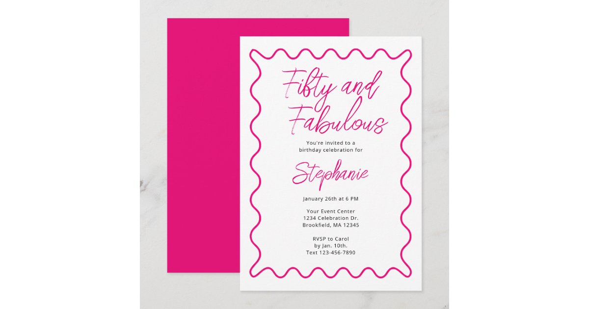 Fifty and Fabulous Pink Script Invitation | Zazzle