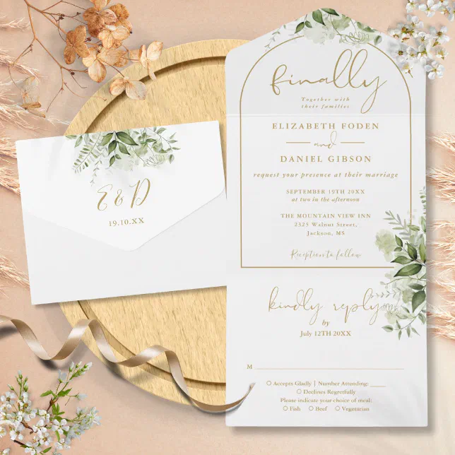 Finally Gold Arch Greenery Floral Wedding All In One Invitation | Zazzle
