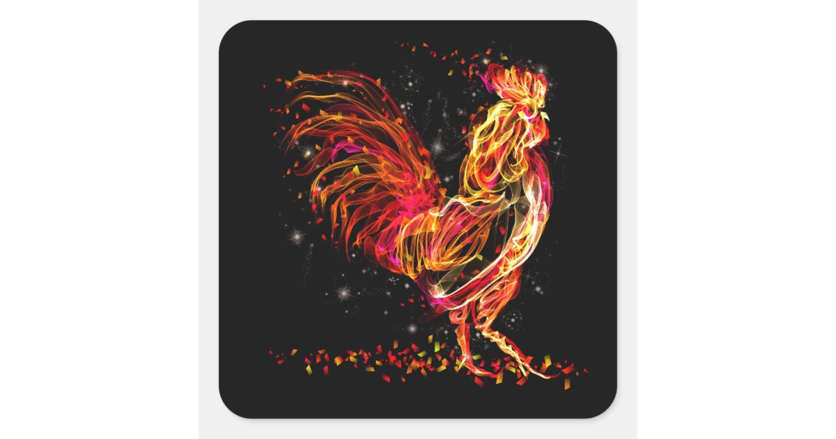 Fire rooster. Flaming animal sparkle cool design Square Sticker | Zazzle