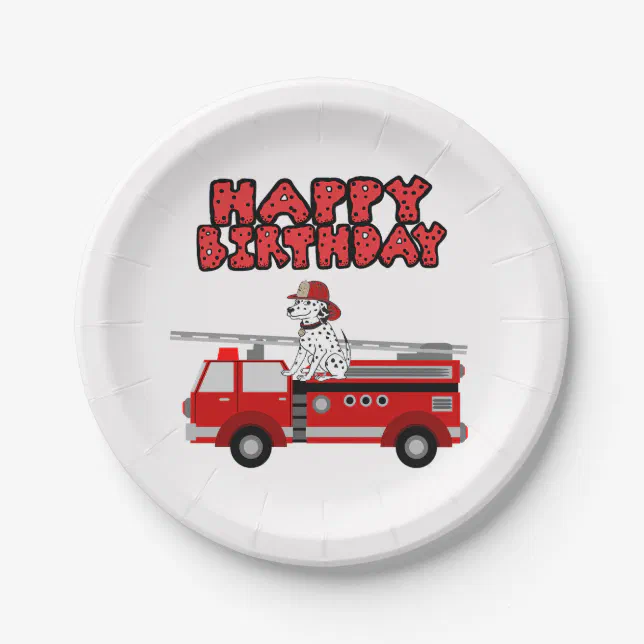 Fire Truck And Dalmatian Dog Happy Birthday Paper Plate | Zazzle