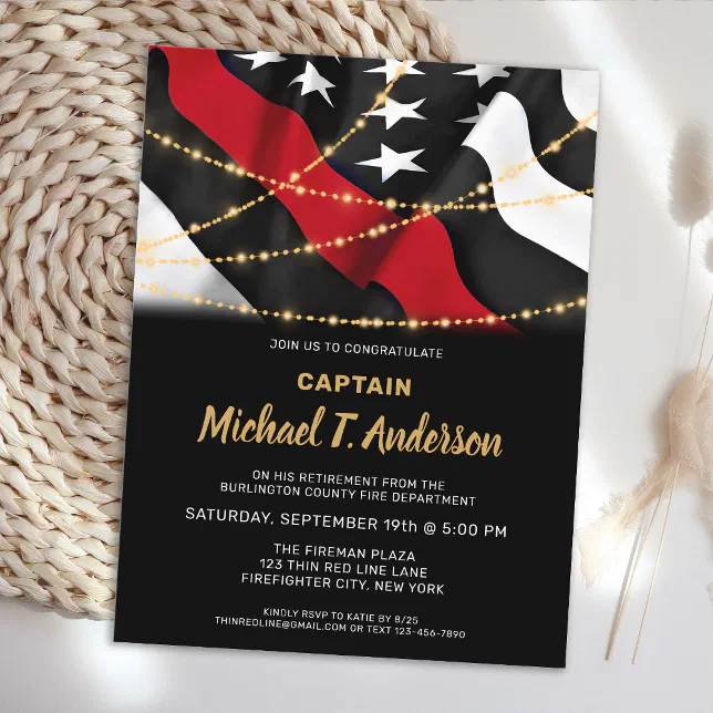 Firefighter Retirement American Flag Thin Red Line Invitation Postcard ...