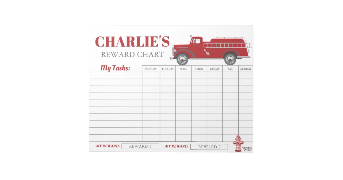 Firetruck Reward Chart Personalized Name & Tasks Notepad | Zazzle