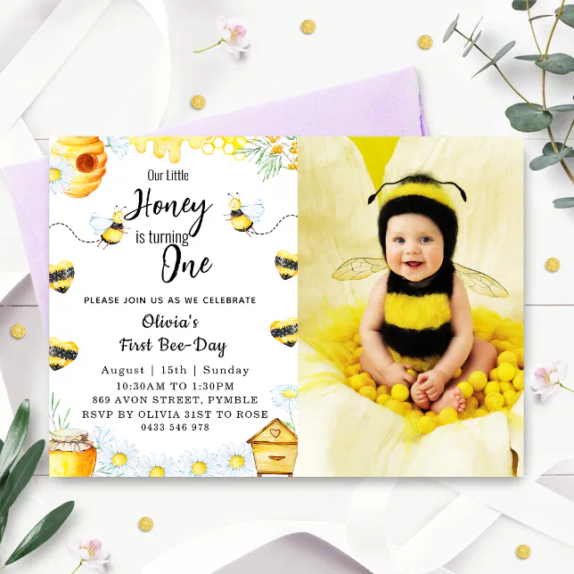 First Bee Day Our Little Honey is ONE Bee Photo Invitation | Zazzle
