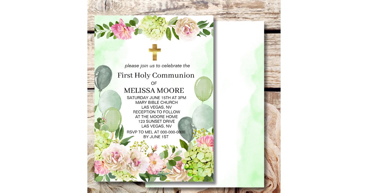 First Holy Communion Green Hydrangea Pink Floral Invitation | Zazzle