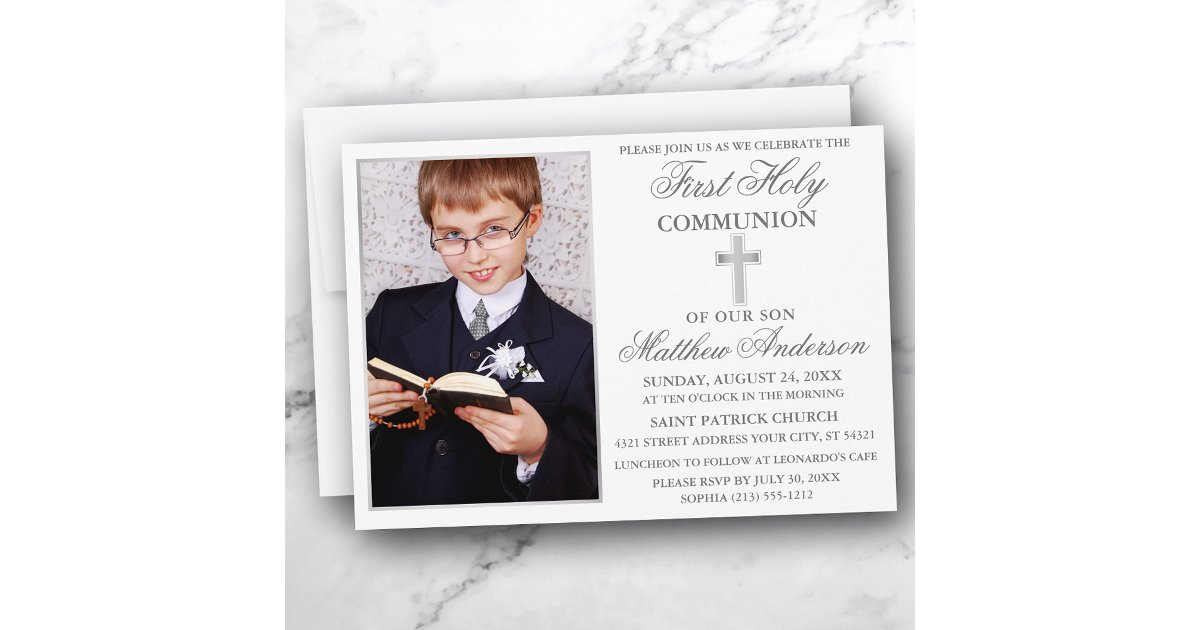 First Holy Communion Silver Frame Photo Invitation | Zazzle