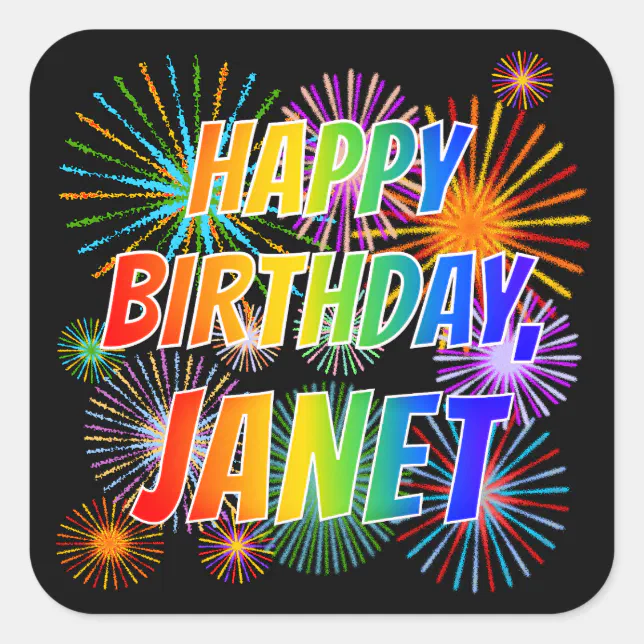 First Name "JANET", Fun "HAPPY BIRTHDAY" Square Sticker | Zazzle