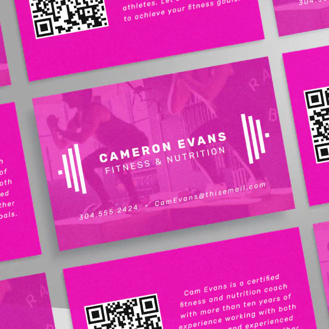 Fitness trainer coach modern pink photo qr code business card | Zazzle