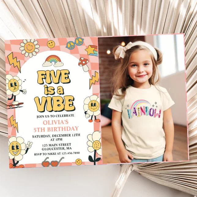 Five is a Vibe Daisy & Retro Van Pink 5th Birthday Invitation | Zazzle