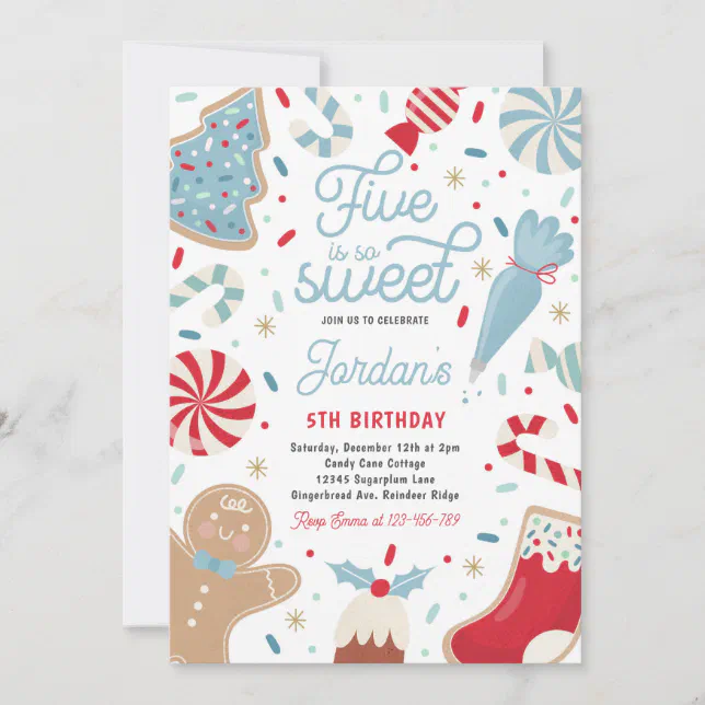 Five Is So Sweet Christmas Cookie Birthday Party Invitation | Zazzle