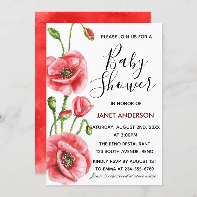 Flanders Poppy Watercolor Baby Shower Invitation | Zazzle