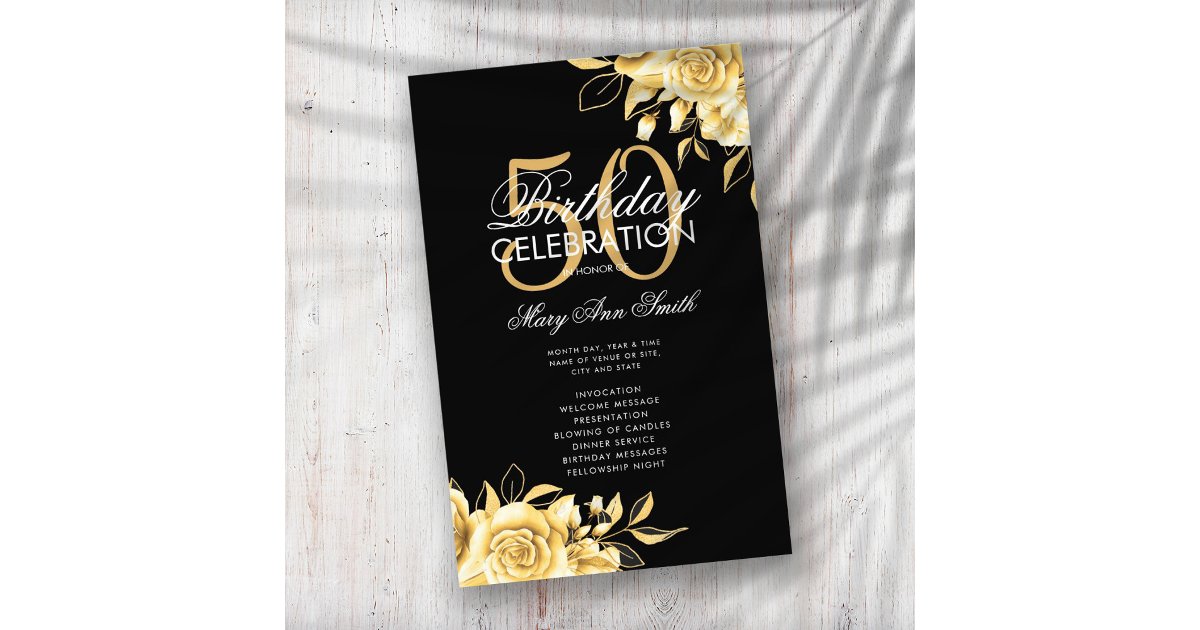 Floral 50th Birthday Program Gold & Black w/ Menu | Zazzle