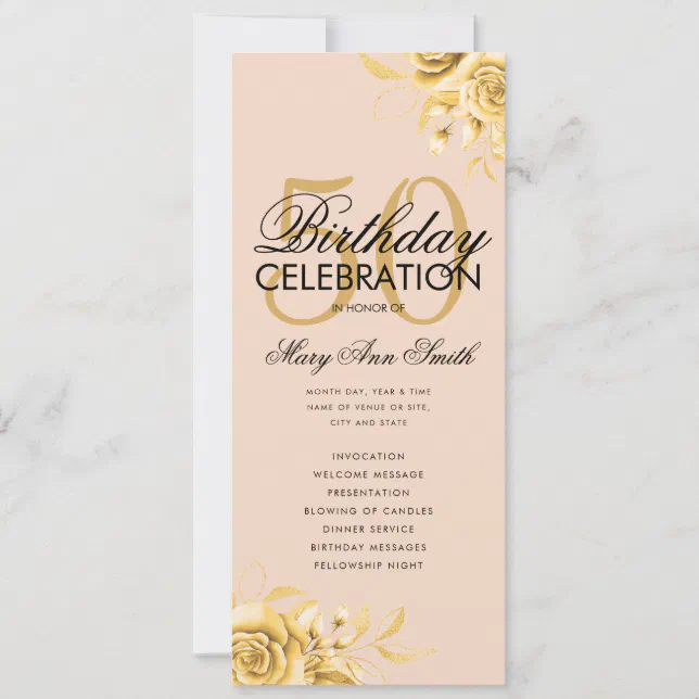 Floral 50th Birthday Program Gold w/ Menu Blush Invitation | Zazzle