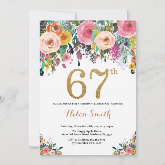 Floral 67th Birthday Invitation Gold Glitter | Zazzle.co.uk
