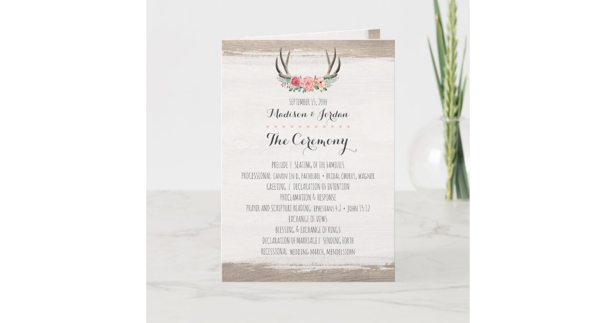 Floral Antlers Rustic Wedding Program Schedule Programme | Zazzle
