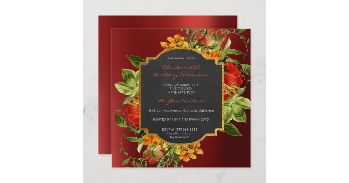 Floral Baroque Birthday Golden Frame Red Ruby Invitation | Zazzle