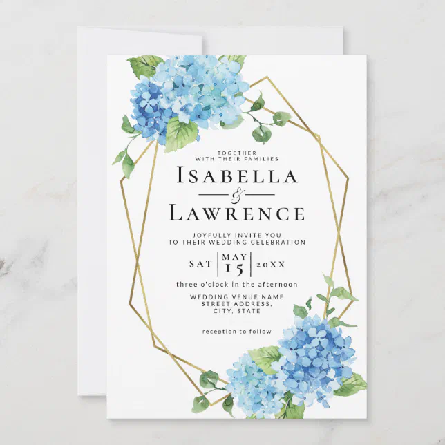 Floral Blue Hydrangea Gold Frame Wedding Invitation | Zazzle