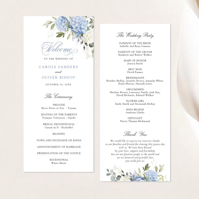 Floral Blue Hydrangea Greenery Wedding Program Programme | Zazzle