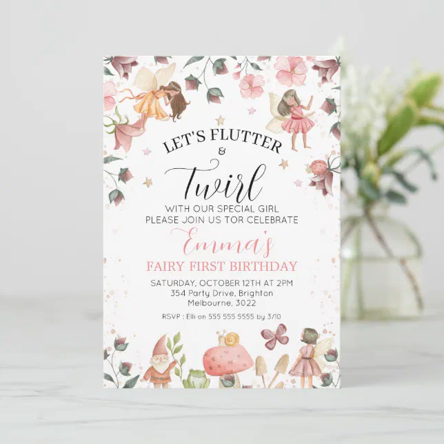 Floral Brown Fairies Flutter Twirl 1st Birthday Invitation | Zazzle