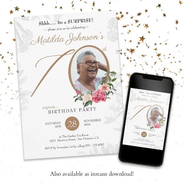 Floral Elegant Custom Photo Surprise 70th Birthday Invitation | Zazzle