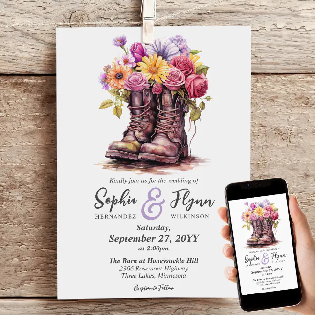 Floral Farm Boots Rustic Country Barn Wedding Invitation | Zazzle