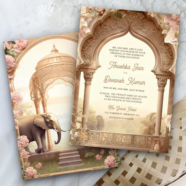 Floral Garden Elephants Indian Palace Wedding Invitation | Zazzle