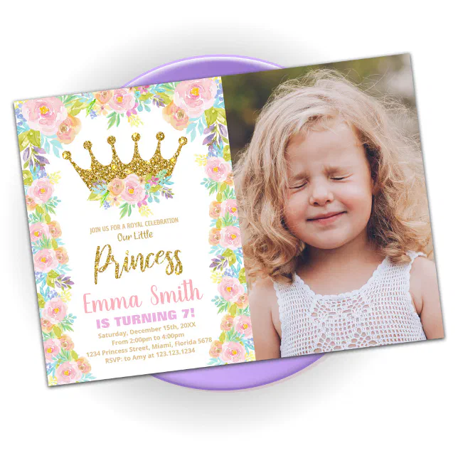 Floral Glitter Crown Princess Birthday With Photo Invitation | Zazzle