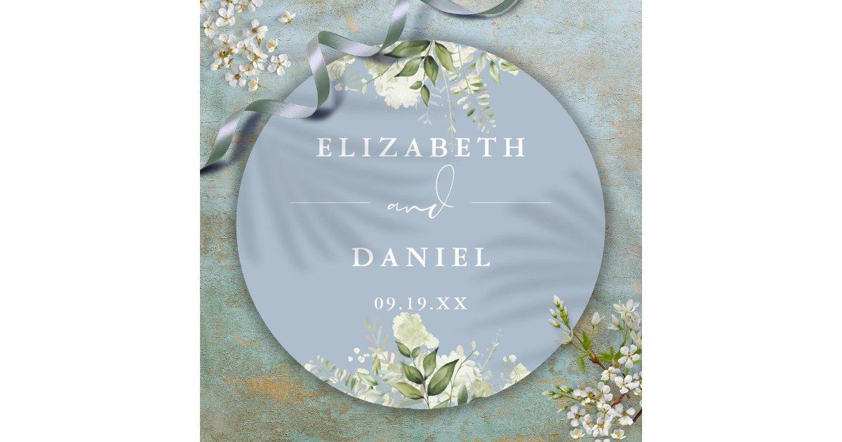 Floral Greenery Dusty Blue Wedding Favour Classic Round Sticker | Zazzle