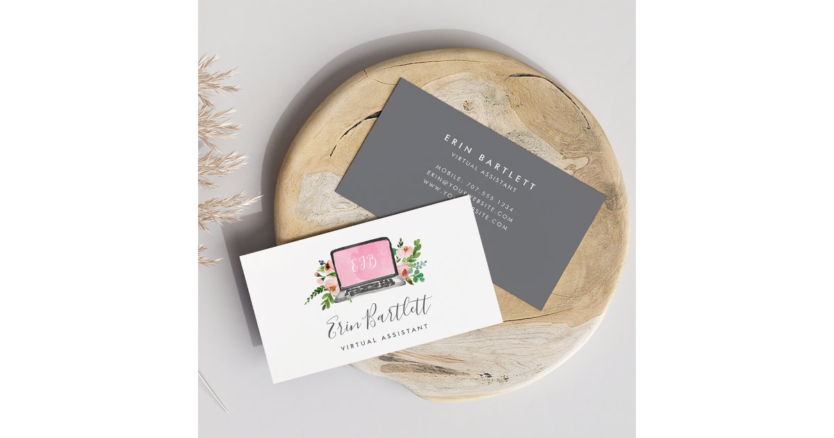 Floral Laptop | Virtual Assistant Business Card | Zazzle