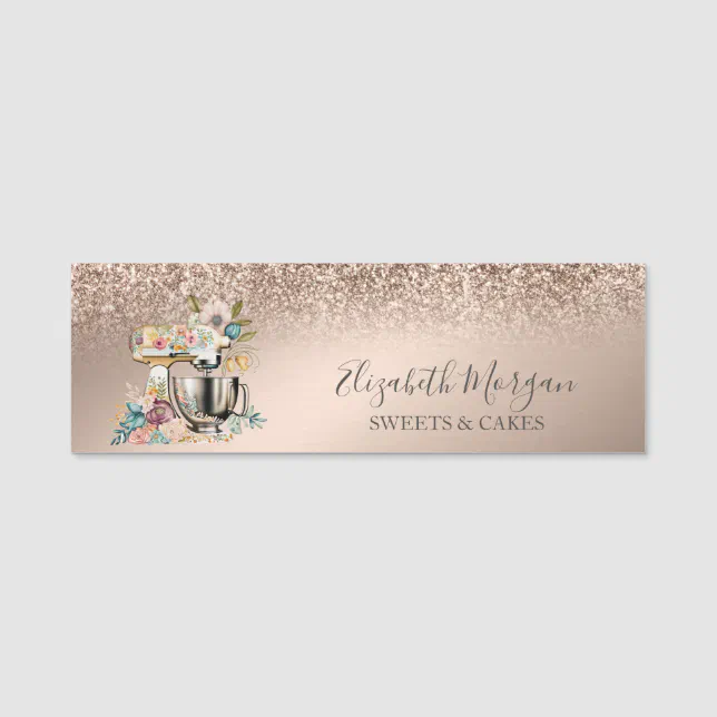 Floral Mixer Bakery Rose Gold Glitter Name Tag | Zazzle