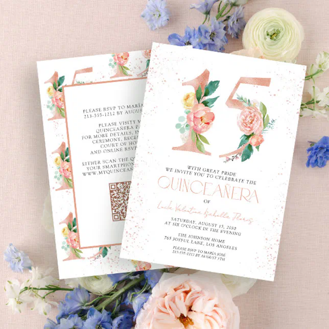 Floral Number 15 Pink Rose Gold QR Quinceañera Invitation | Zazzle