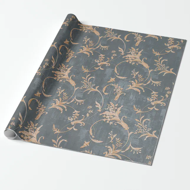 Floral old retro vintage ornament wallpaper on bac wrapping paper | Zazzle
