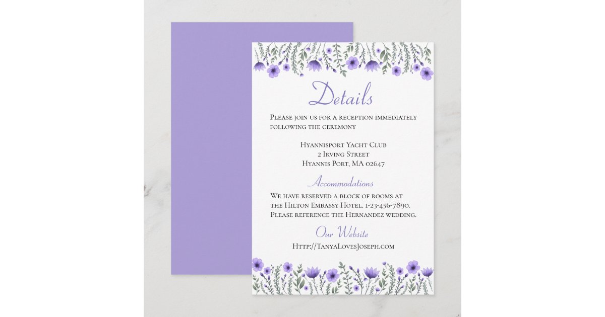 Floral Purple Flowers Details Directions Wedding Invitation | Zazzle