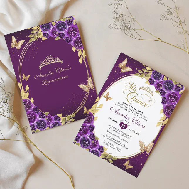 Floral Purple Gold Tiara Butterfly Mis Quinceañera Invitation | Zazzle