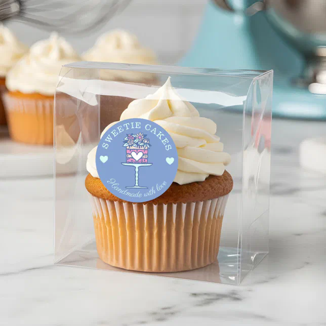 Floral Style Bakery Cake & Stand Logo Blue Classic Round Sticker | Zazzle