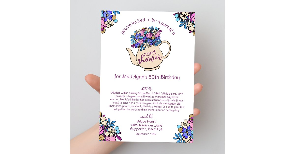 Floral Teapot 50th Birthday Card Shower by Mail | Zazzle