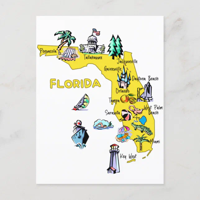 Florida map with major cities Tourist Destinations Postcard | Zazzle