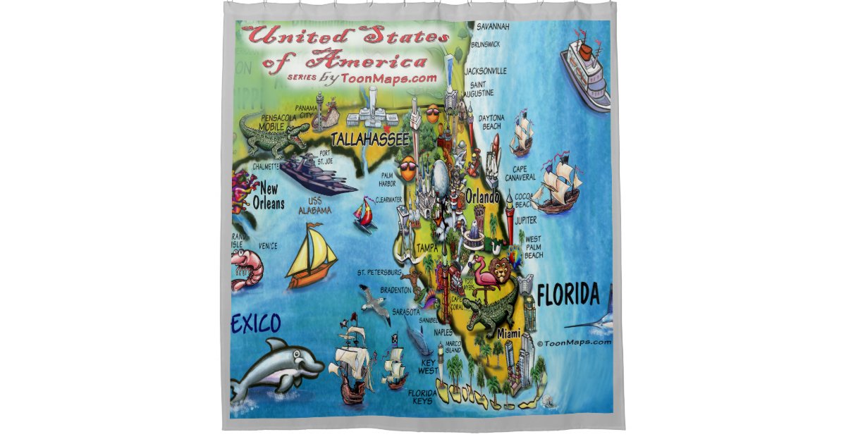 Florida USA Cartoon Map Shower Curtain | Zazzle