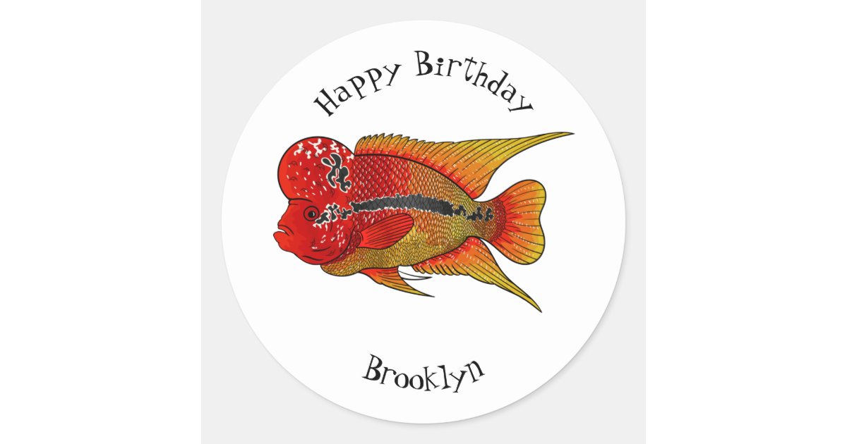 Flowerhorn cichlid fish cartoon illustration classic round sticker | Zazzle
