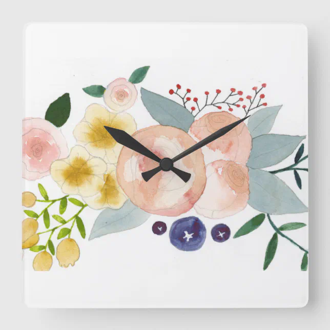 Flowers, Berries, and Leaves Watercolor Clock | Zazzle