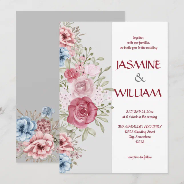 Flowery bouquet of pink and blue flowers invitation | Zazzle