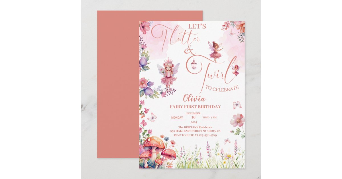 flutter and twirl fairy first birthday invitation | Zazzle