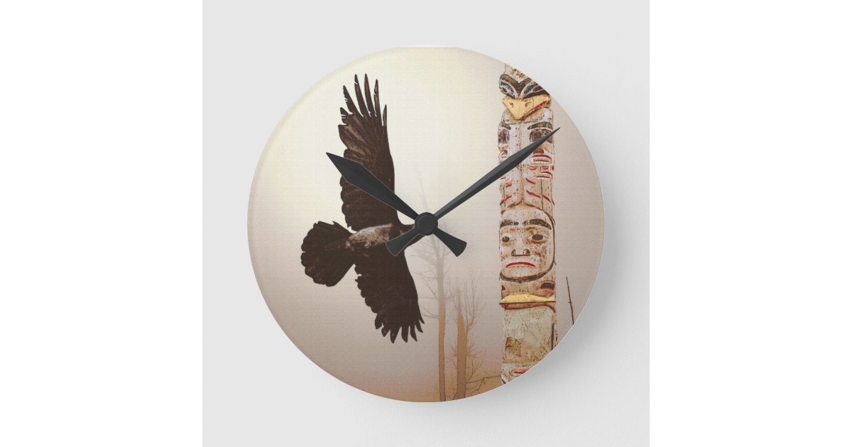 Flying Raven & Totem-Pole Fantasy Art Round Clock | Zazzle