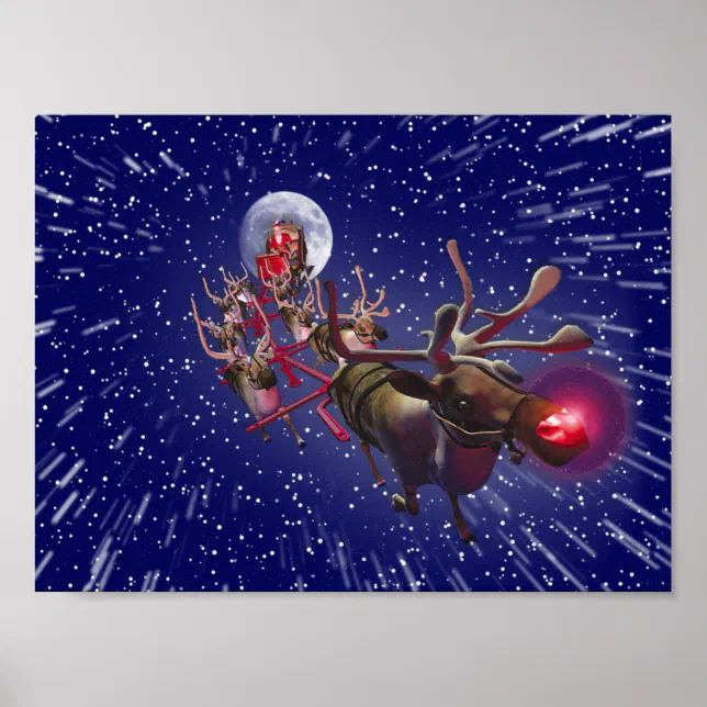 Flying Santa Claus Red Nosed Reindeer Poster | Zazzle