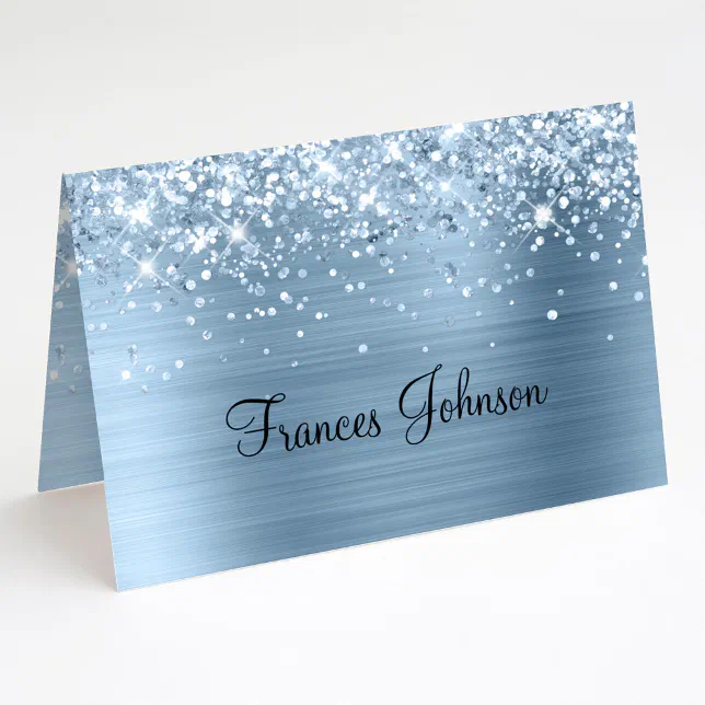 Fold Your Own Glittery Blue Name Place Cards | Zazzle