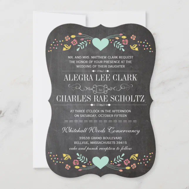 Folksy Rustic Floral Garland Chalkboard Wedding Invitation | Zazzle
