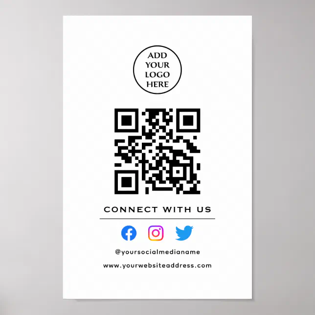 Follow Scan To Connect With Us QR Code Your Logo Poster | Zazzle