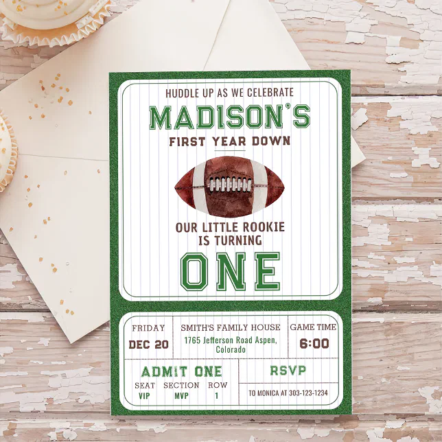 Football First Year Down 1st Birthday Party Invitation | Zazzle