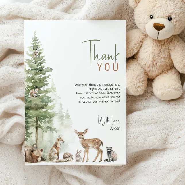 Forest Woodland Animals Flat Vertical Birthday Thank You Card | Zazzle