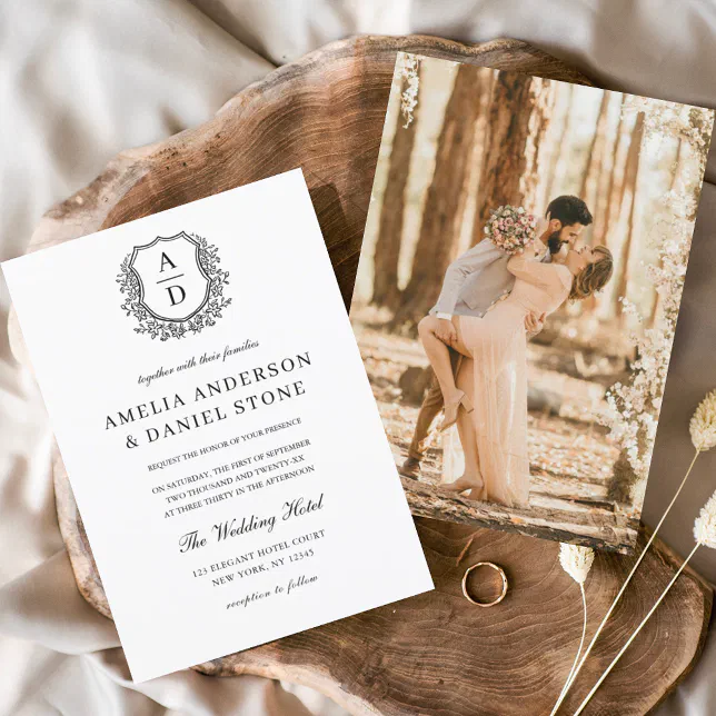 Formal Floral Crest Monogram Photo Wedding Invitation | Zazzle