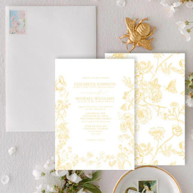 Formal Gold Chinoiserie Victorian Floral Wedding Invitation | Zazzle